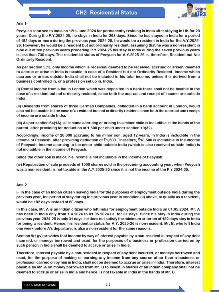Residential Status & Scope of Total Income- Answers | PDF | Tax ...