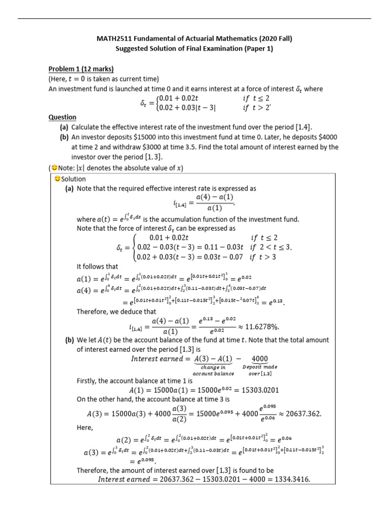 MATH2511 2020fall Finalpaper1 Solution PDF | PDF | Bonds (Finance ...