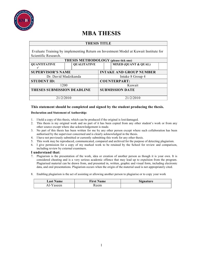 Mba Thesis | Download Free PDF | Return On Investment | Thesis