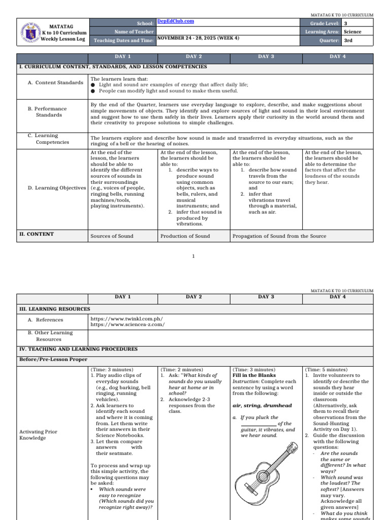 K-10 Science Weekly Lesson Plan: Sound | PDF | Sound | String Instruments