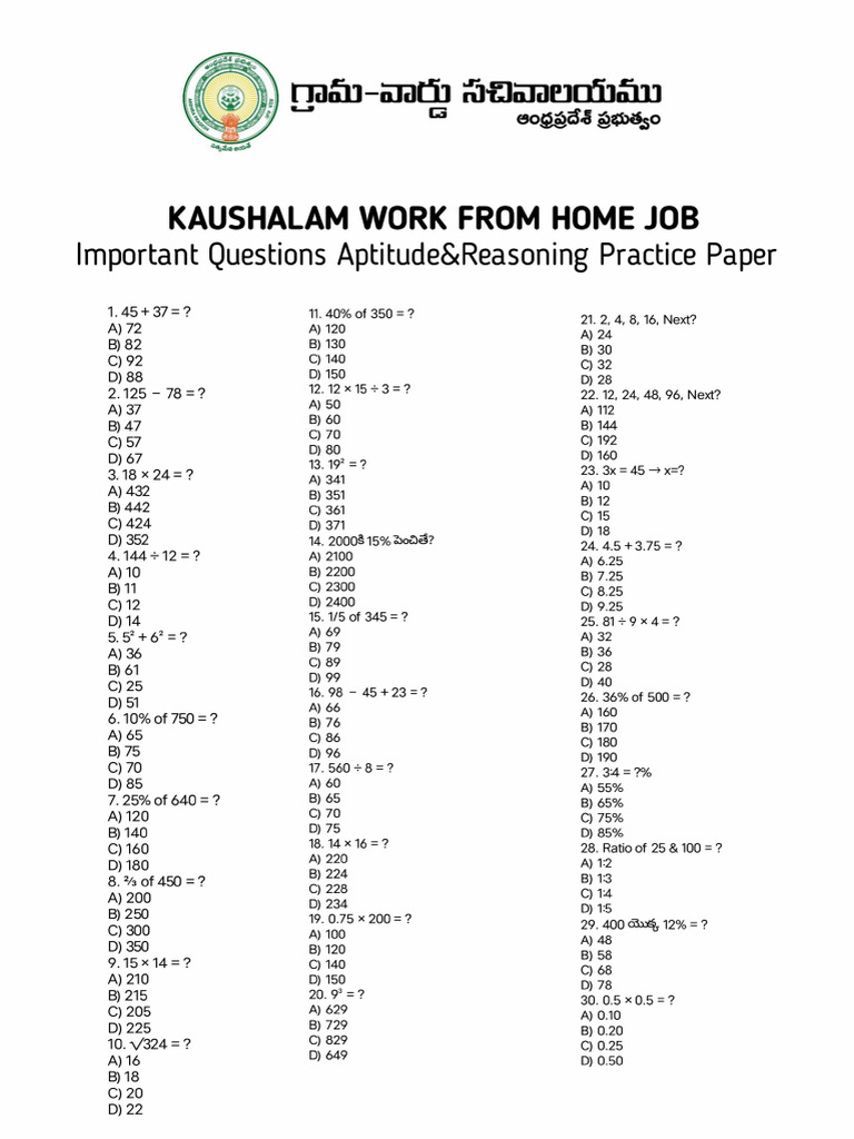 Kaushalam Aptitude& Reasoning Practice Paper 2 | PDF