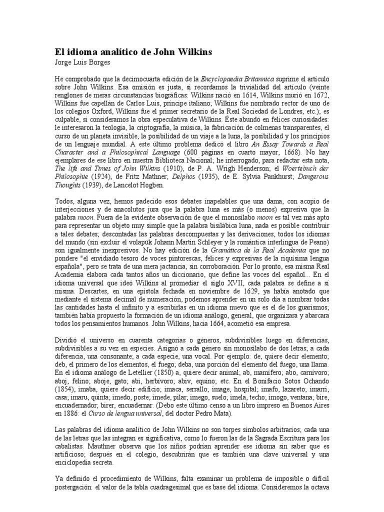 Borges, Jorge Luis - El idioma analítico de John Wilkins | PDF | Idiomas | Science