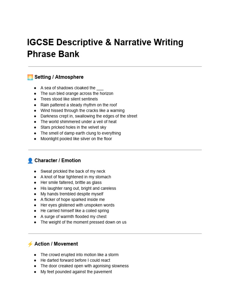 IGCSE Descriptive Writing Phrase Bank | PDF