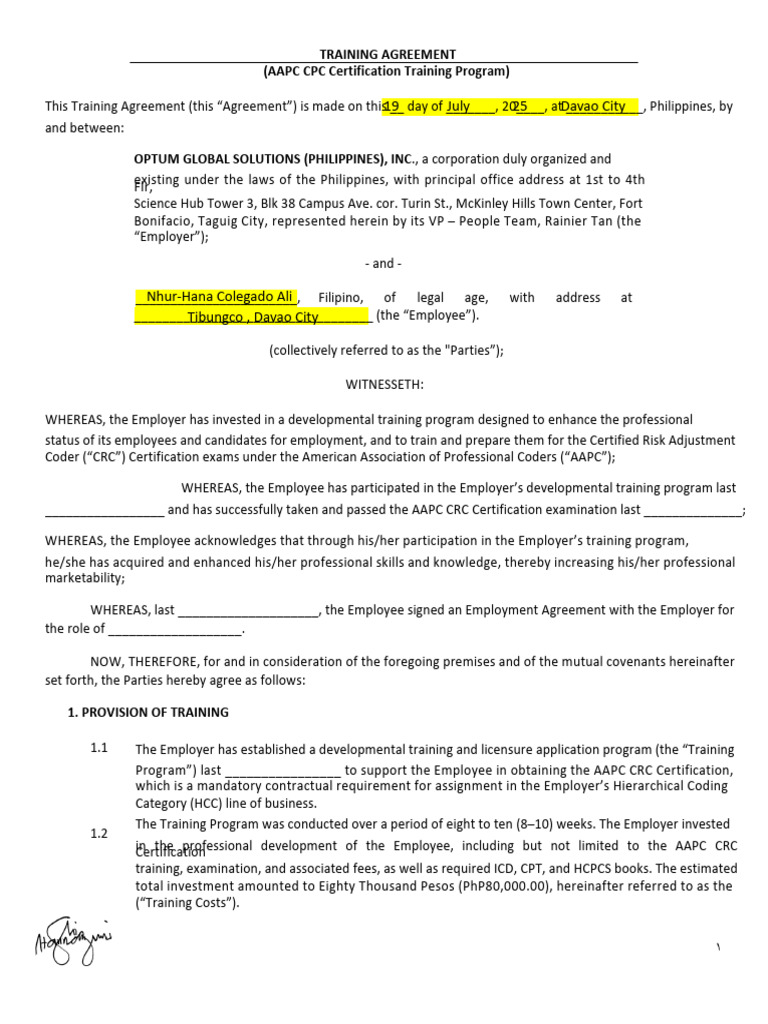 AAPC CRC Training Agreement Template | PDF | Employment | Payroll Tax