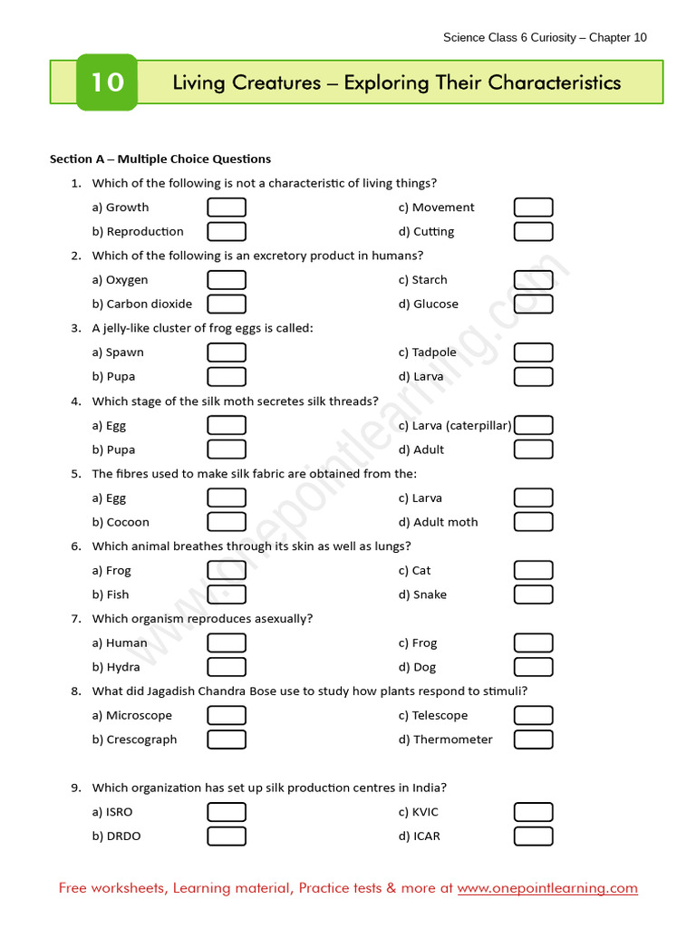 Science Class 6: Living Things Quiz | PDF | Pupa | Cellular Respiration