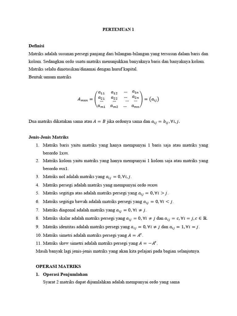 PERTEMUAN 1 MATRIKS DAN OPERASI MATRIKS Rev | PDF