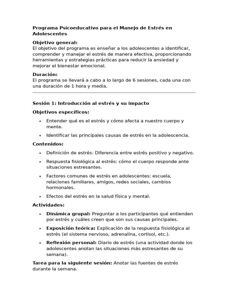 Manejo de Estrés en Adolescentes: Programa Psicoeducativo | PDF ...