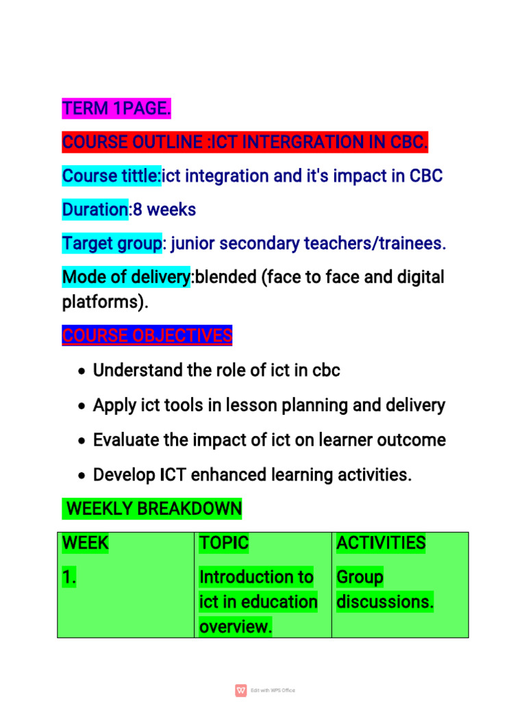 ICT Integration in CBC Course Outline | PDF