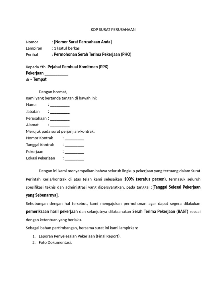 Permohonan Serah Terima Pekerjaan BAST | PDF