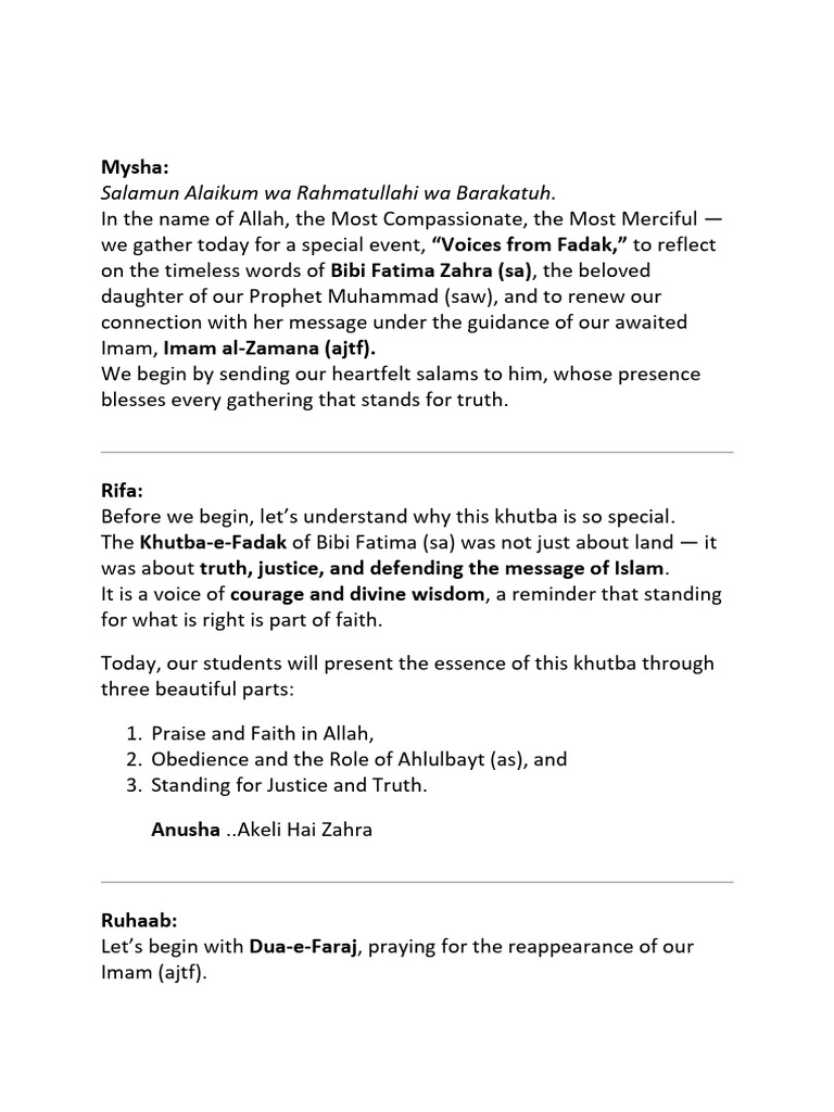 Voices from Fadak: Bibi Fatima's Message | PDF | Ahl Al Bayt | Quran