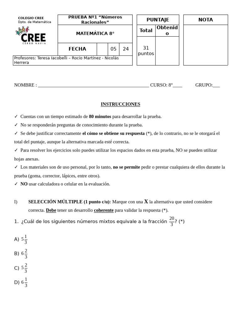 Prueba de Números Racionales 8° | PDF | Teoría de los números ...