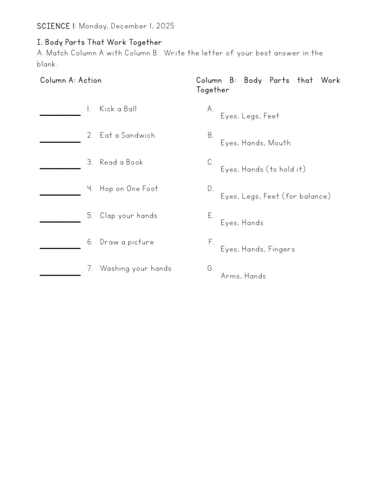 Science 1 - Body Parts That Work Together | PDF