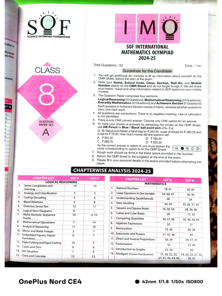 Imo Class 8 Level 1 2024-25 Set A | PDF