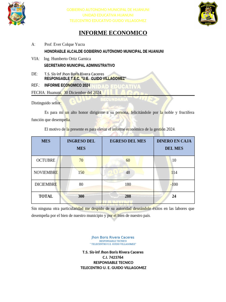 Informe Economico Guido Villagomez | PDF