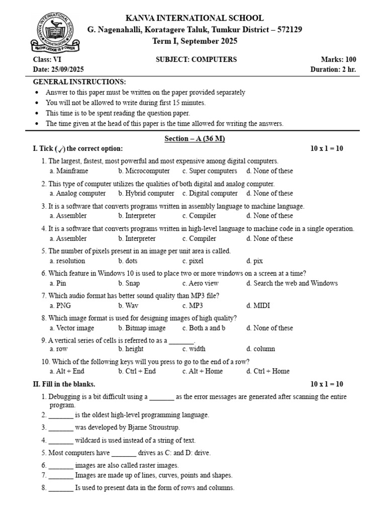 Class VI Computers Exam Paper 2025 | PDF | Computing | Computer Engineering