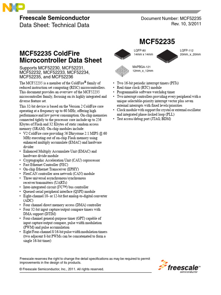 MCF52235 ColdFire Microcontroller Data Sheet | PDF | Microcontroller ...
