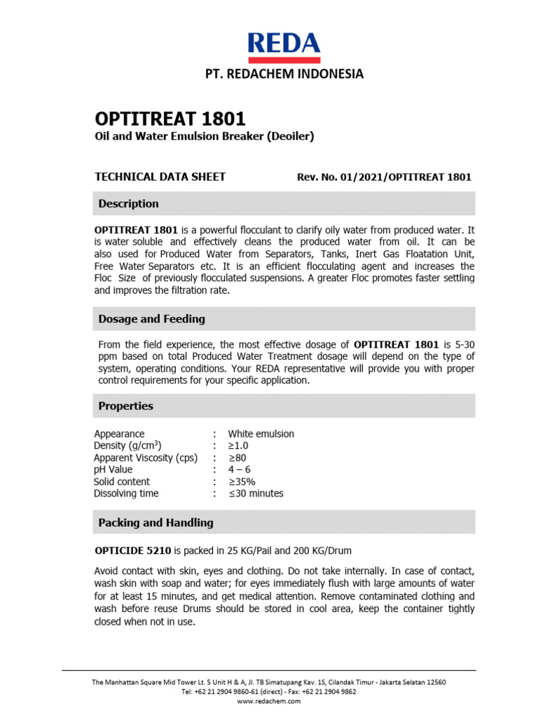 Tds Optitreat 1801 (Emulsion Breaker Oil in Water) | PDF | Water