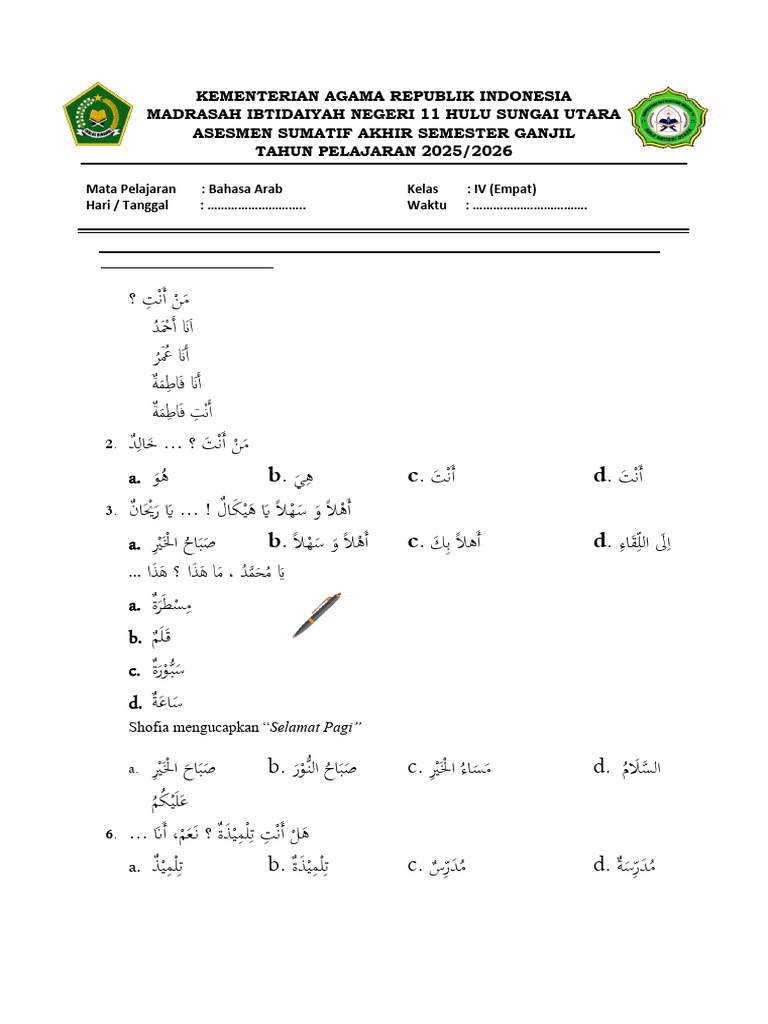 Soal Bahasa Arab Kelas 4 | PDF