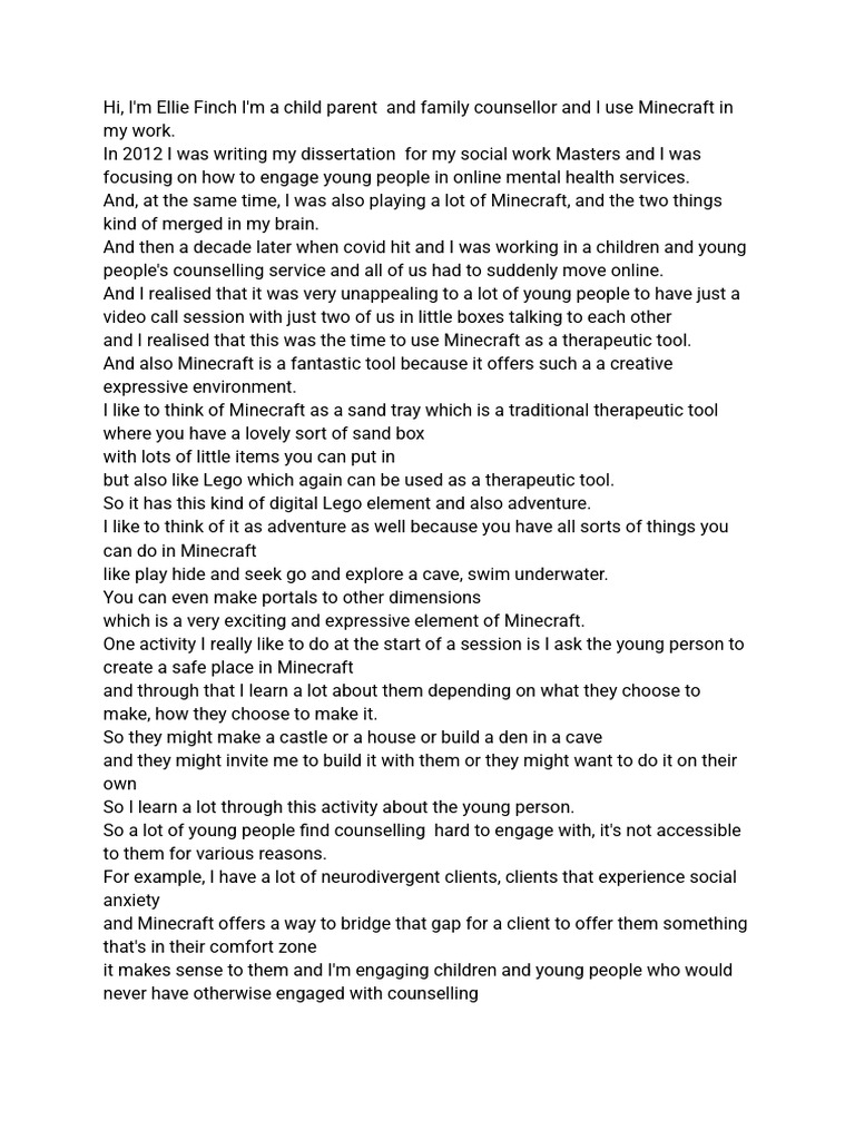 Transcript of Therapeutic Adventures in Minecraft With Ellie Finch, The ...