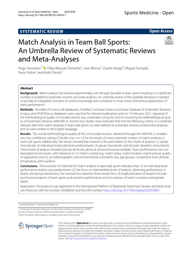 Match Analysis in Team Ball Sports | PDF | Systematic Review | Meta ...