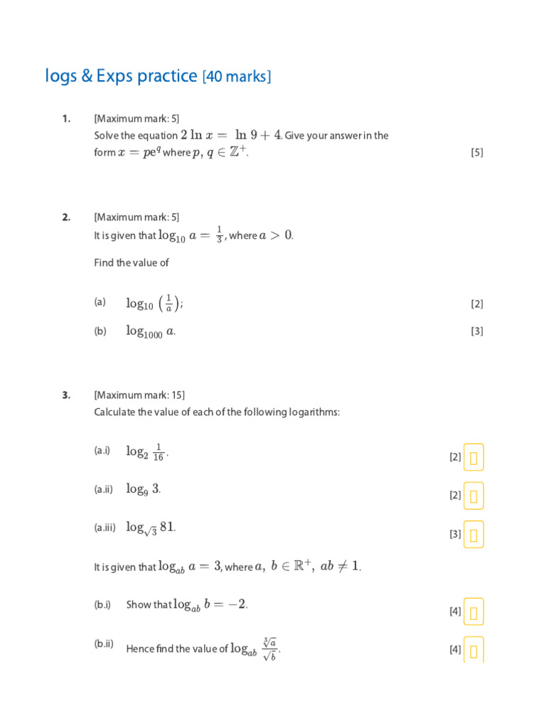 Logarithm Practice Problems for IB | PDF | Mathematics | Arithmetic