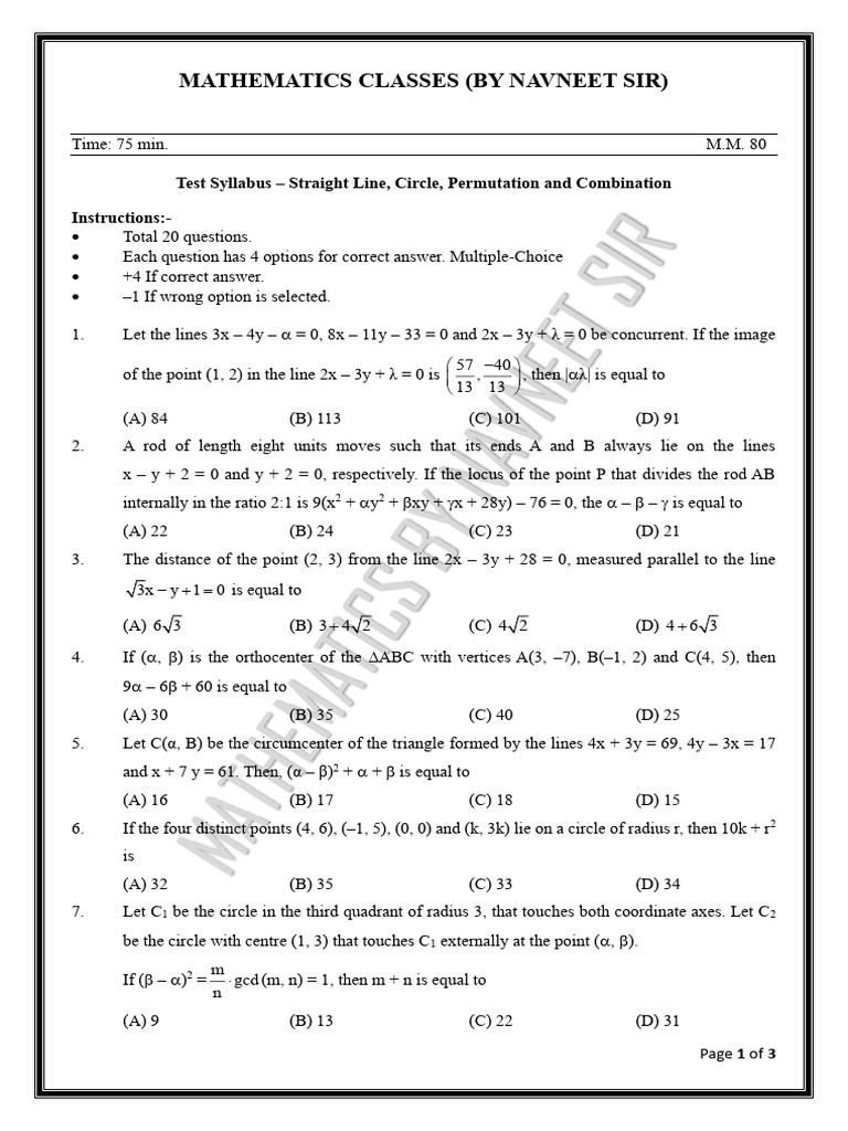 Mathematics Test: Straight Lines & Circles | PDF | Circle | Geometric ...