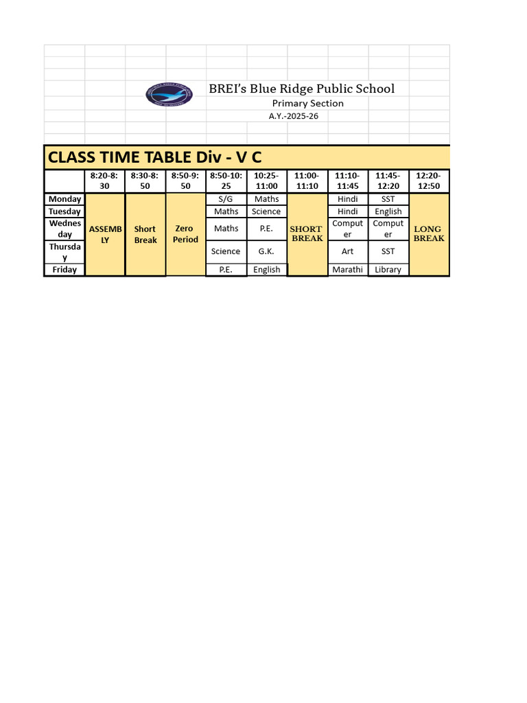 Class Time Table Div - V C: BREI's Blue Ridge Public School | PDF