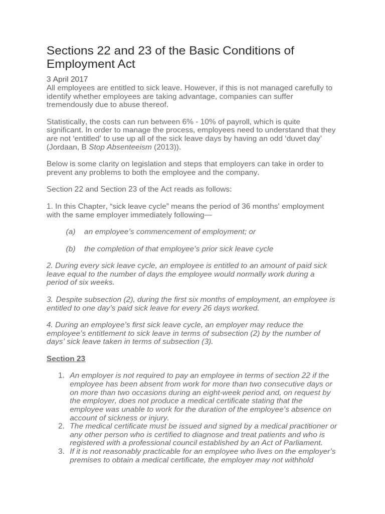 Managing Sick Leave Under Employment Act | PDF | Employment | Sick Leave