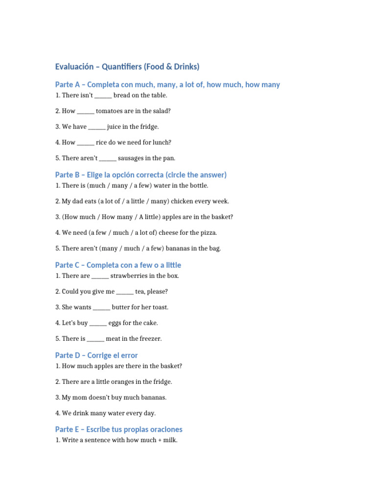 Quantifiers Practice: Food & Drinks | PDF
