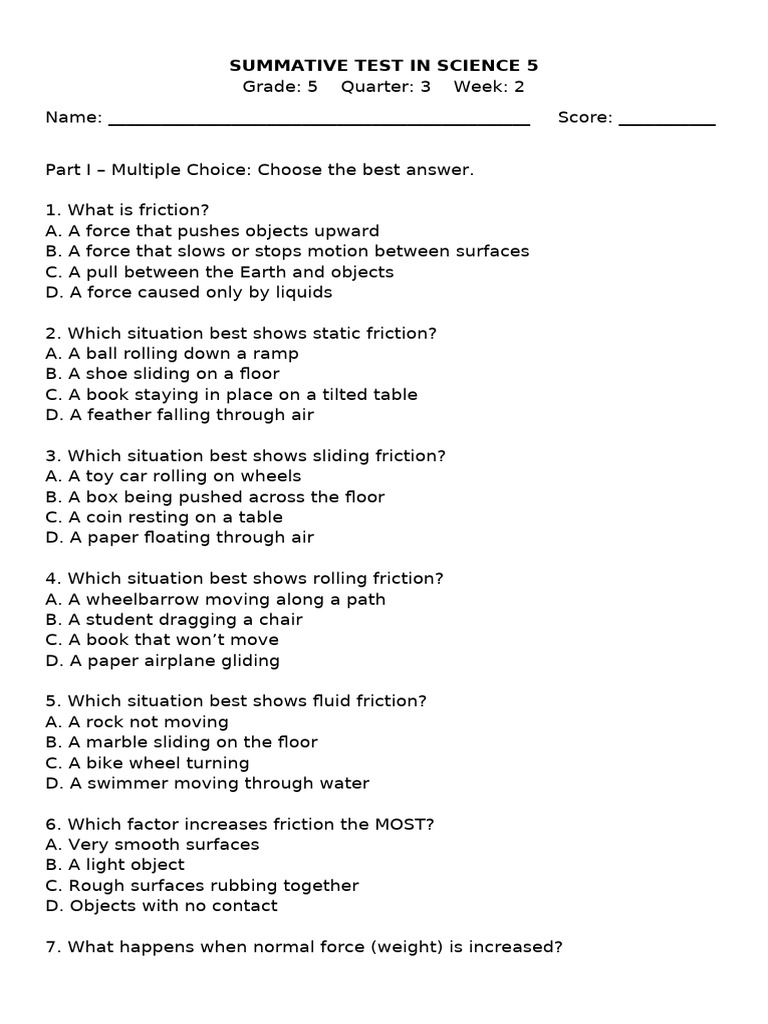 Science 5 Friction Test Questions | PDF | Friction | Mechanical Engineering