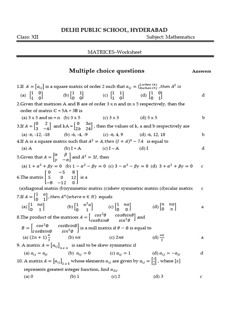 Matrices Worksheet for Class XII | PDF | Matrix (Mathematics ...
