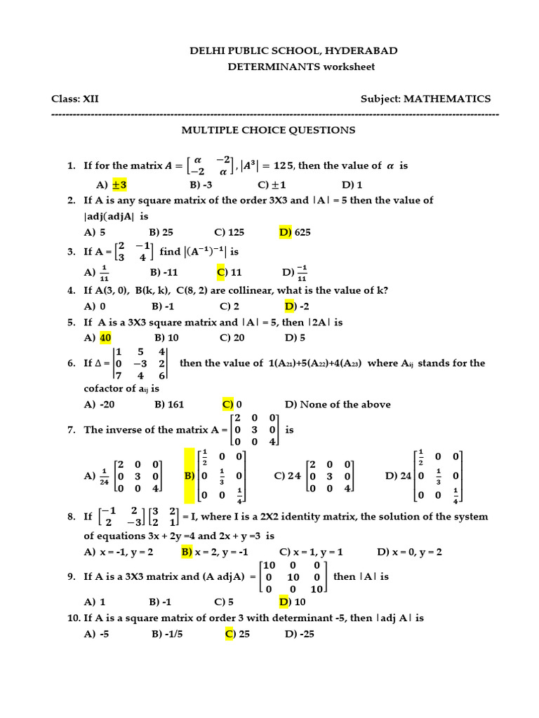 Determinants Worksheet for Class XII | PDF | Mathematical Analysis ...