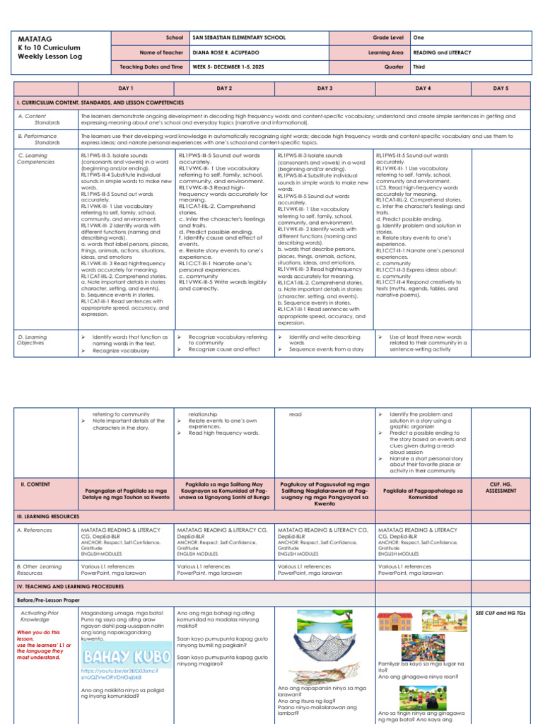 w5 q3 Reading and Literacy1 Matatag Dll | PDF | Vocabulary | Writing
