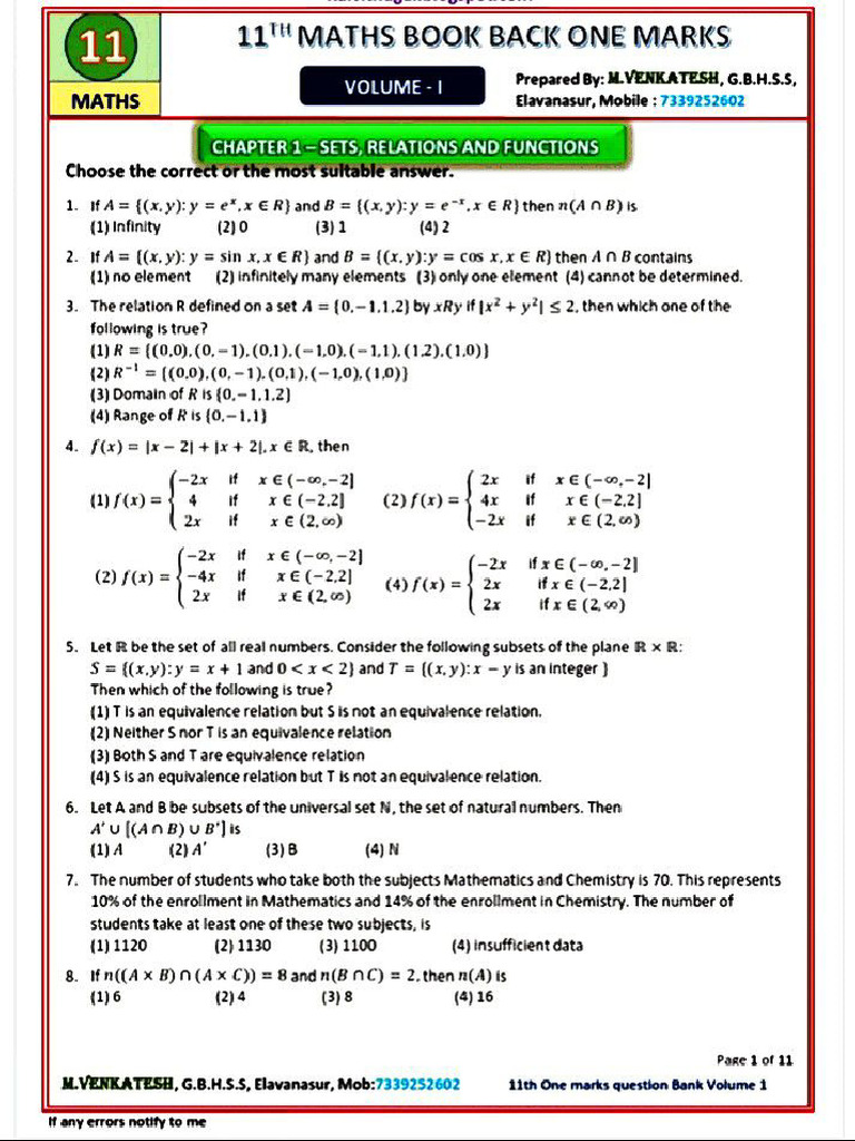 Maths One Mark | PDF