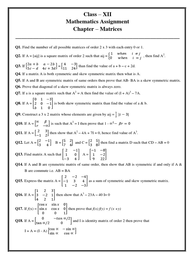 XII Assignment Chapter Matrices | PDF | Matrix (Mathematics) | Linear ...