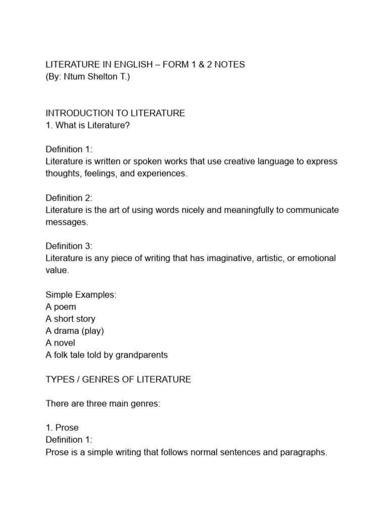 Literature in English - Form 1 & 2 Notes | PDF | Poetry | Prose