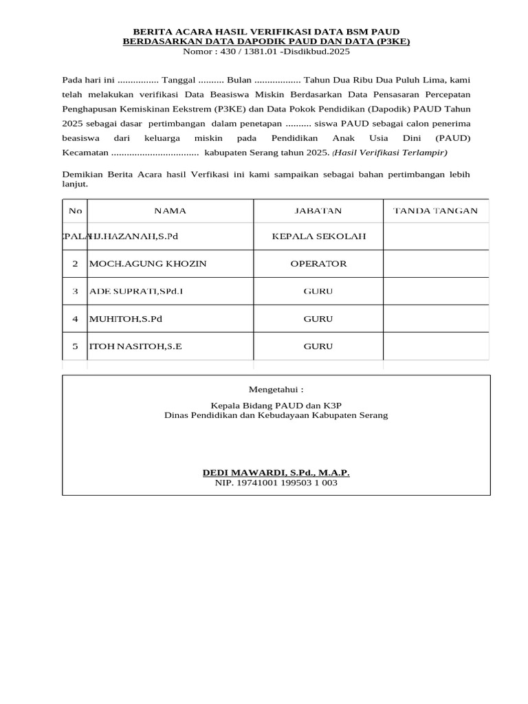 Verifikasi Data Beasiswa Miskin PAUD 2025 | PDF