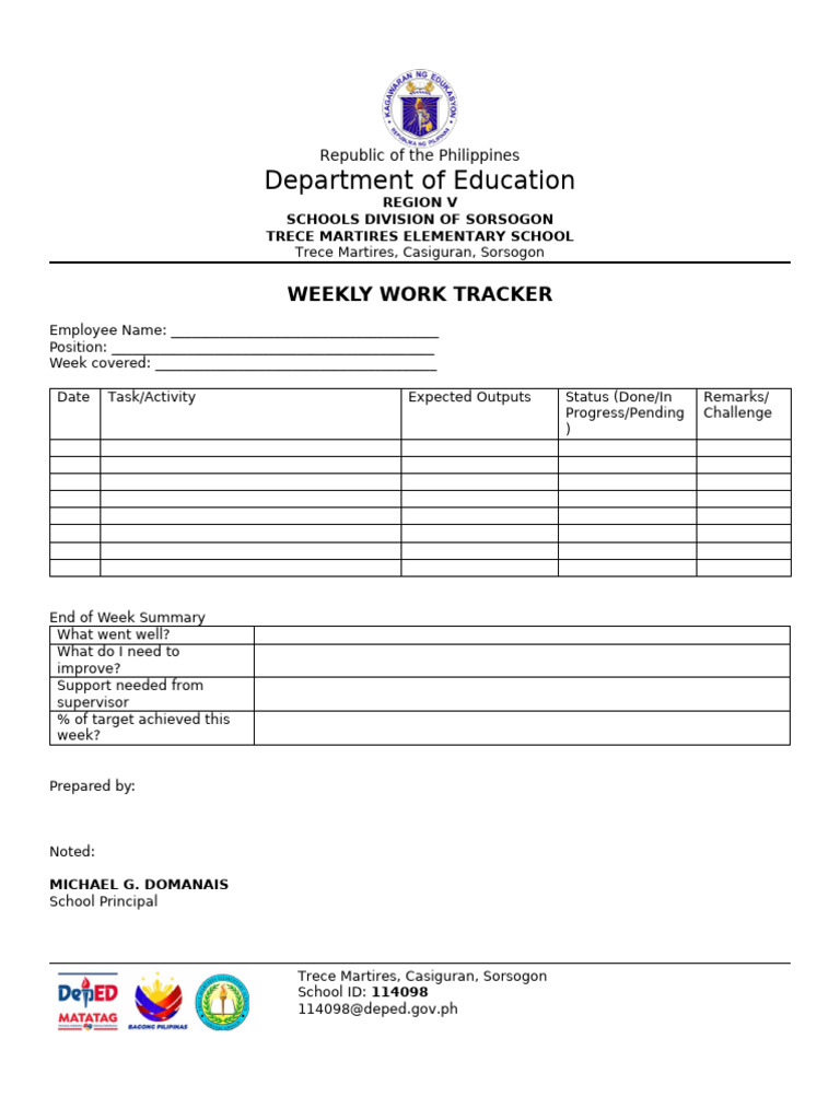 Weekly Work Tracker for Trece Martires School | PDF