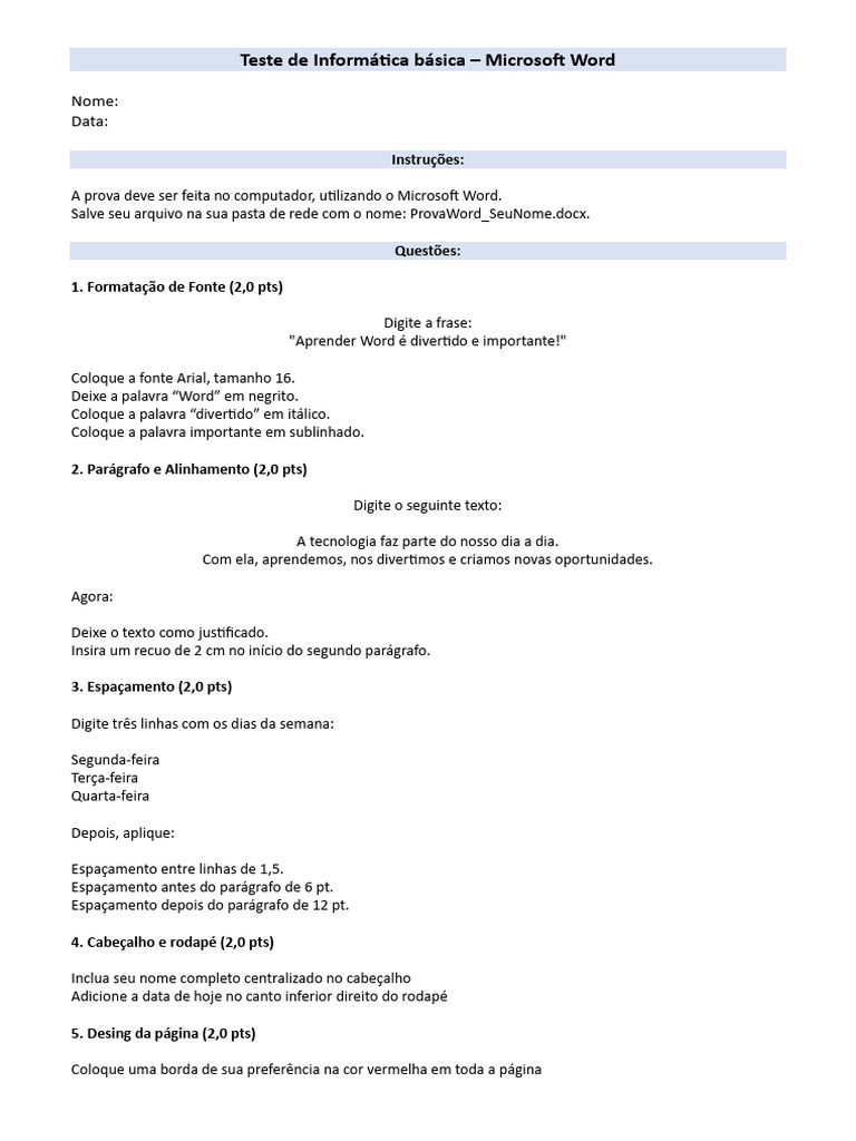 Teste de Informática Básica - Word | PDF