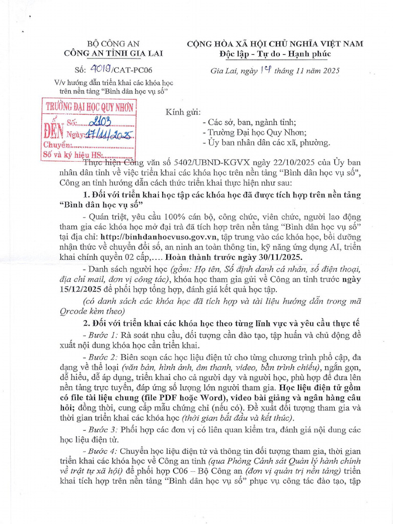 CV 4019 - Vv Hướng Dẫn Triển Khai Các Khóa Học Trên Nền Tảng Bình Dân Học Vụ Số | PDF