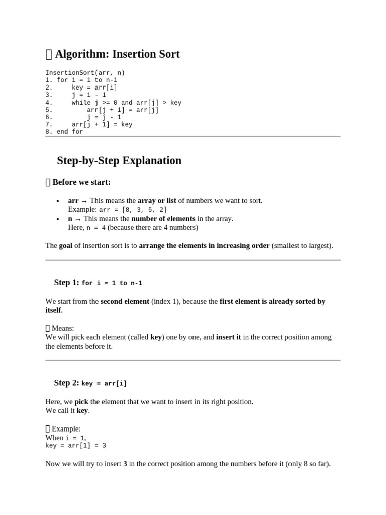 Inseration Sort Algorithm + Expanation | PDF