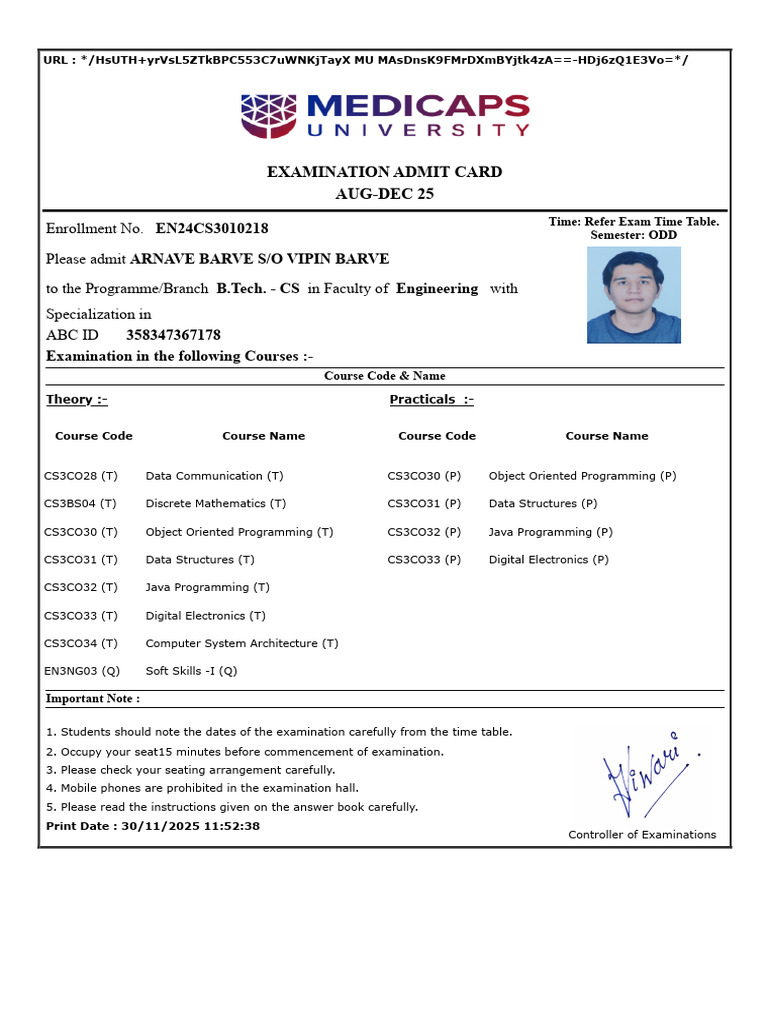 Examination Admit Card Aug-Dec 25 | PDF