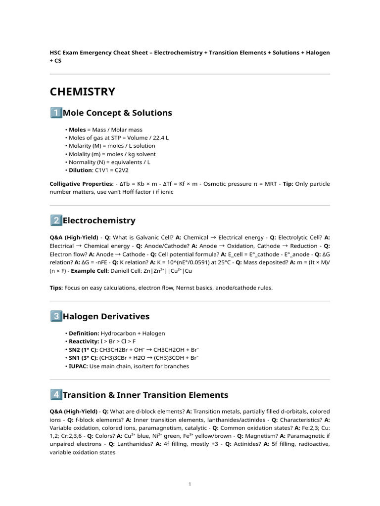 Hsc Exam Cheat Sheet | PDF | Electrochemistry | Chemistry