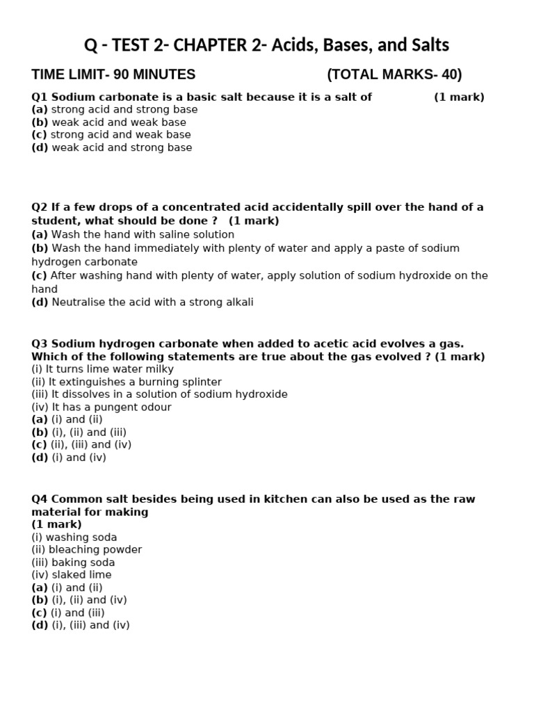 Q Test FULL CHAPTER Acid, Bases and Salts | PDF | Sodium Carbonate ...