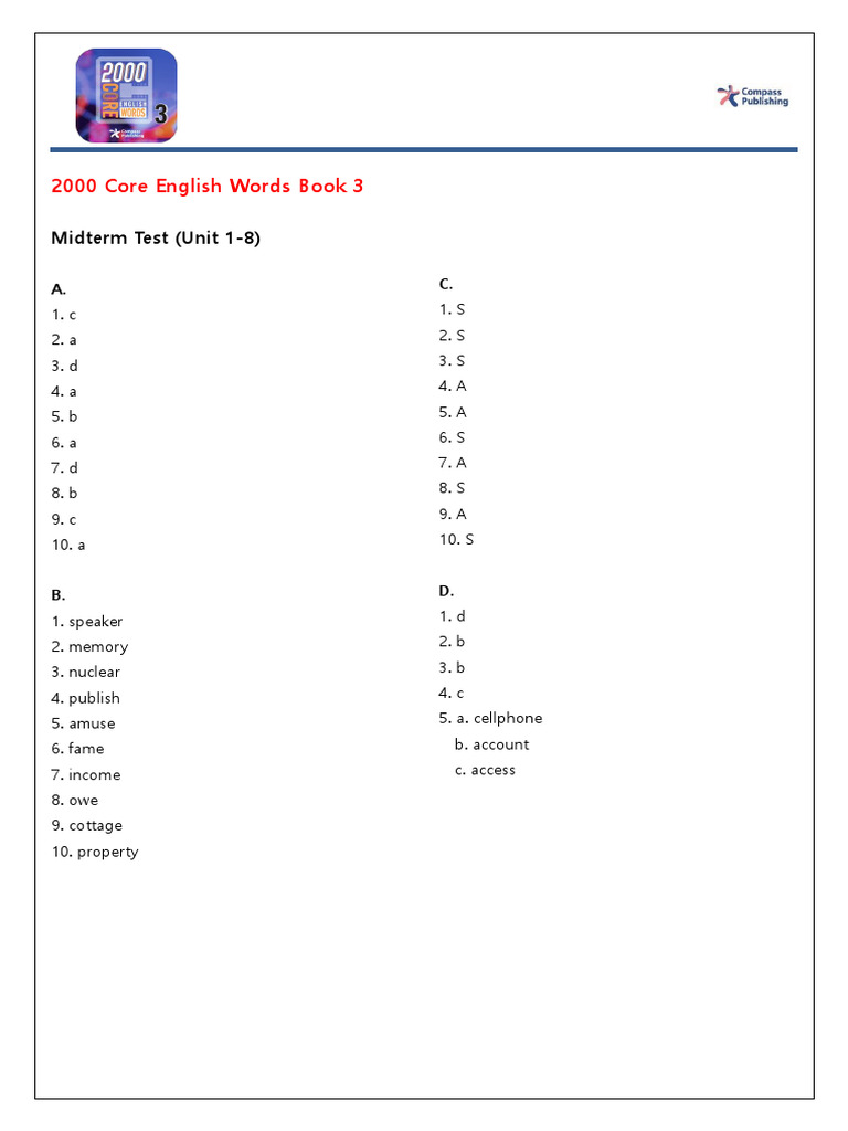 2000 Core English Words - 3 - Midterm - Answer Key | PDF