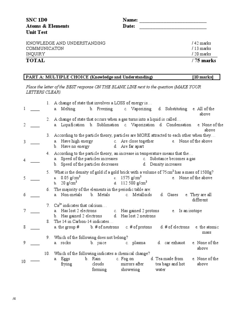 SNC1D Chemistry Practice Unit Test | PDF | Chemical Elements | Periodic ...