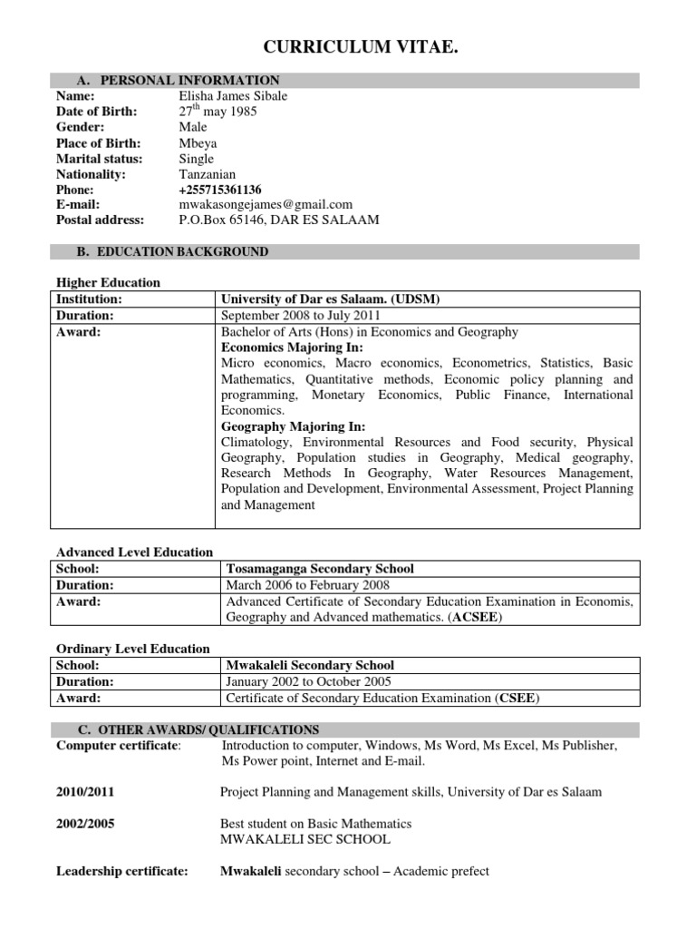 James CV | PDF | Tanzania | Economics