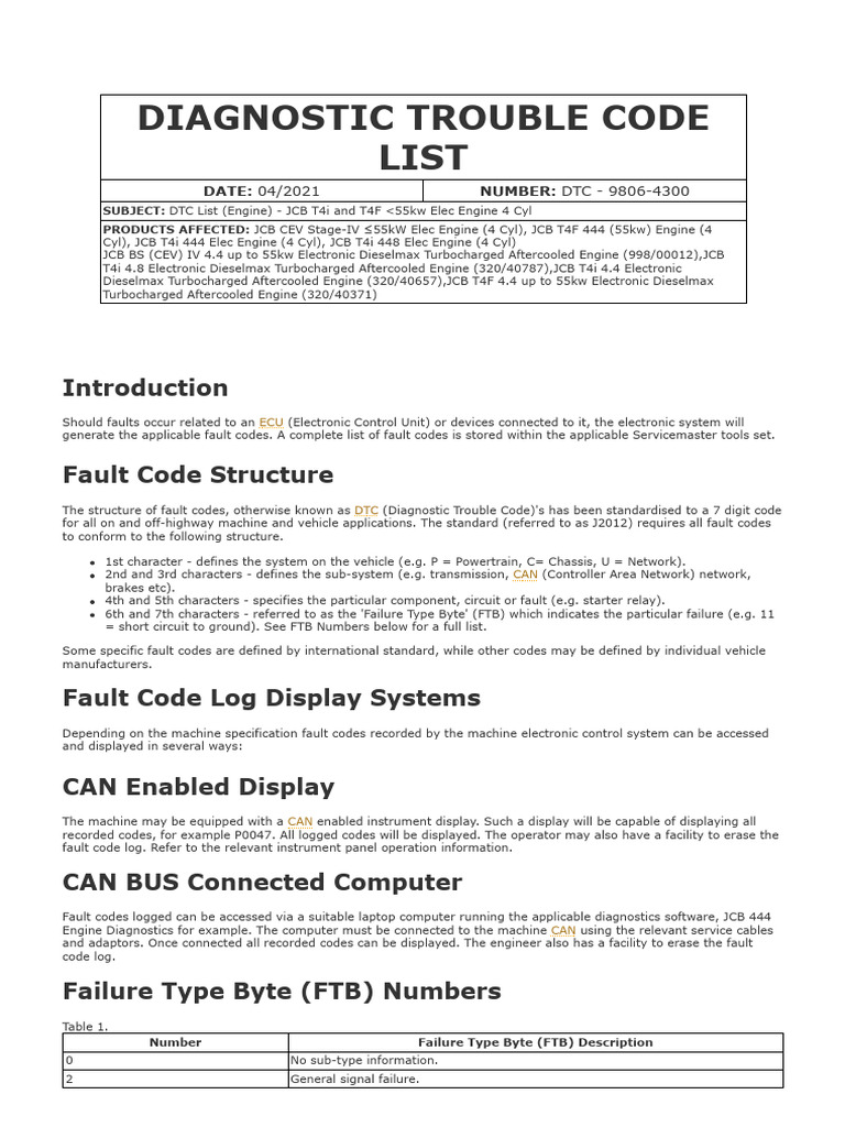 JCB T4i/T4F Engine DTC List 2021 | PDF