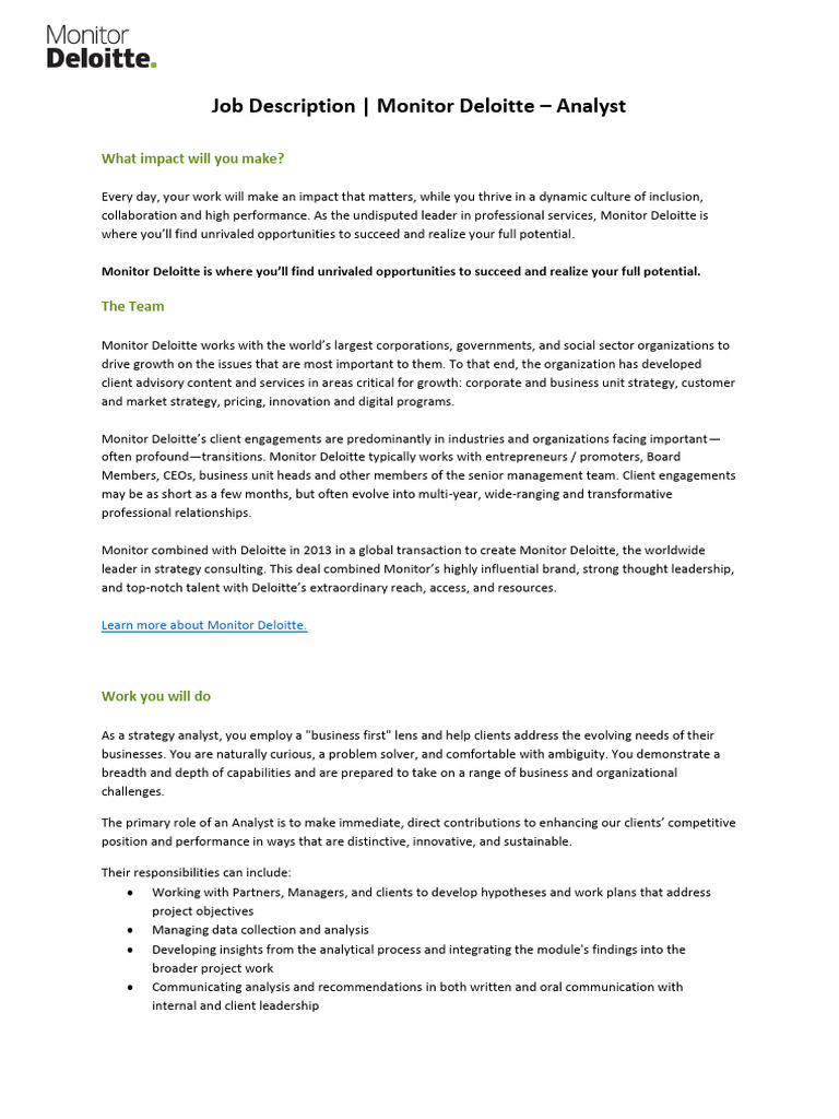 SRT_SBD_Monitor Deloitte India_Analyst_JD (2) | PDF | Leadership ...