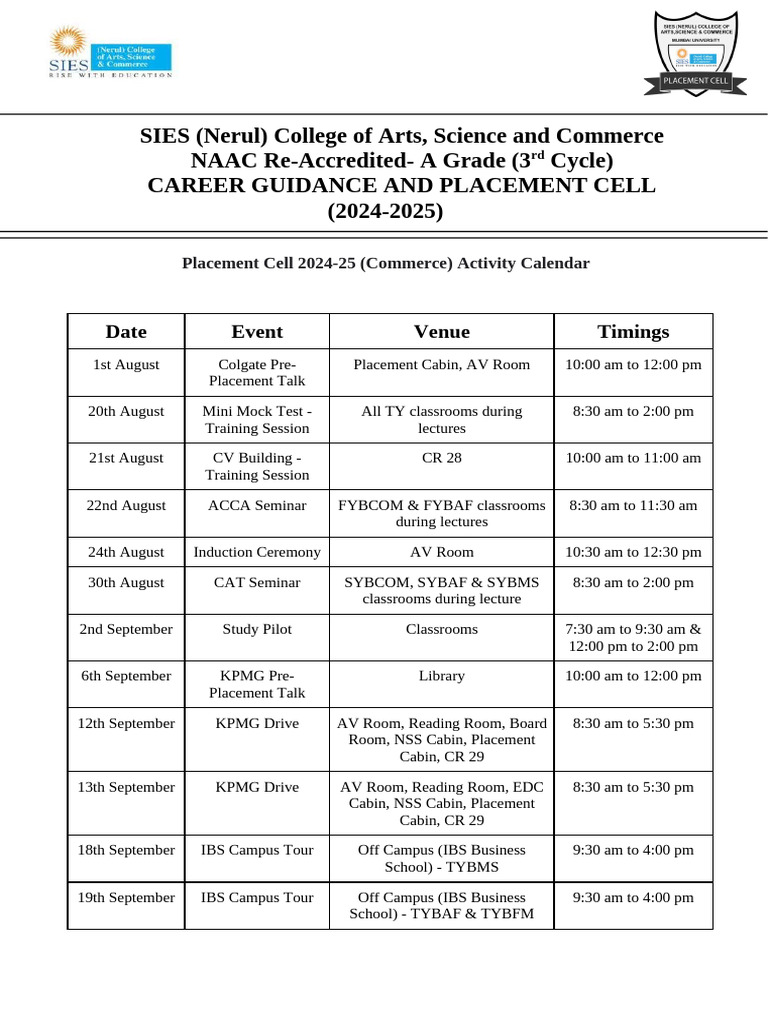 SIES College Placement Cell Calendar 2024-25 | PDF